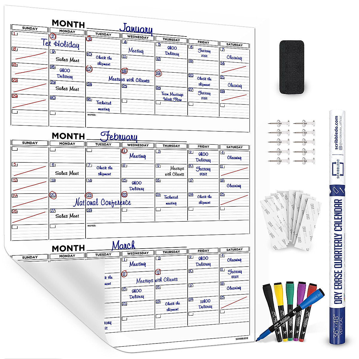 Large 36"x48" Quarterly White Board Calendar Dry Erase Calendar for Wall 3 Month Big Dry Erase Wall Calendar 2025 Monthly Dry Erase Board Planner Includes 6 Markers Eraser Push Pins & Mounting Tape