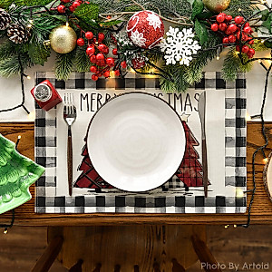 Artoid Mode Waterclor Buffalo Plaid Christmas Trees Placemats Set of 4, 12x18 Inch Winter Table Mats for Outdoor Home Party Kitchen Dining Decor
