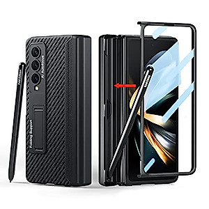 Libeagle Compatible with Samsung Galaxy Z Fold 4 Case, Built in Hidden S Pen Holder to Avoid Pen Lost, Leather on Back, Screen Protector, Hinge Protection, Wireless Charging Cover 5G 2022-Carbon Fiber