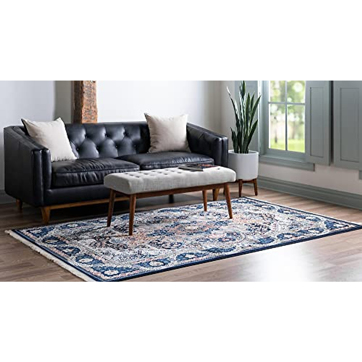 Unique Loom Narenj Collection Classic Traditional Medallion Textured Design Area Rug, 5 x 8 ft, Navy Blue/Tan