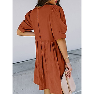 Dokotoo Womens Dress Summer Cute Simple Tunic Dress Crew Neck Lantern Sleeve Work Spring Casual Loose Mini Short Skater Ruched Dress with Pockets Orange Small