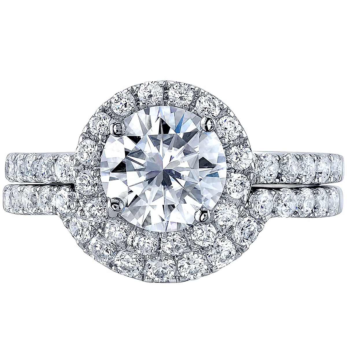 PEORA Moissanite Classic Halo Engagement Ring and Wedding Band Bridal Set in Sterling Silver, 1.50 Carat Center, DE Color, VVS Clarity, Size 6.5