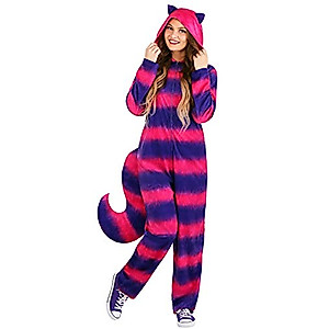 Adult Cheshire Cat One-Piece Womens, Mysterious Grinning Cat Halloween Costume, Purple and Pink Animal Bodysuit Medium