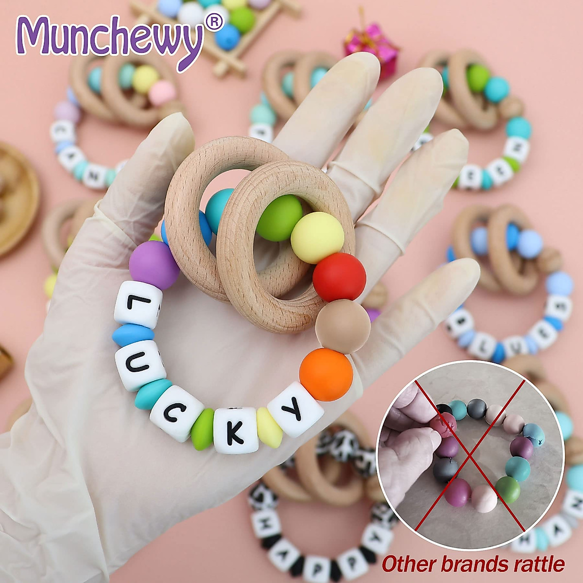 Munchewy Personalized Teether with Name, Customizable Silicone Sensory Chew Bracelet Rattle Ring with Natural Organic Beech Wood Teething Rings for Baby Girls Teether Toys(LightPink/Lilac)