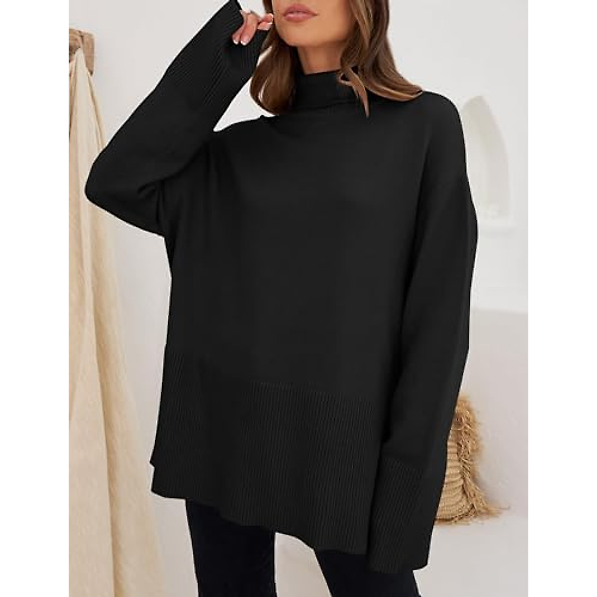 ZESICA Women's Turtleneck Sweaters Fall Winter Long Sleeve Oversized Split Hem Knitted Pullover Jumper Sweater Tops,Black,Large