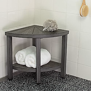 Medline Faux Teak Bathroom Corner Bench, Aluminum Shower Bench with Teak-Like Appearance,Brown