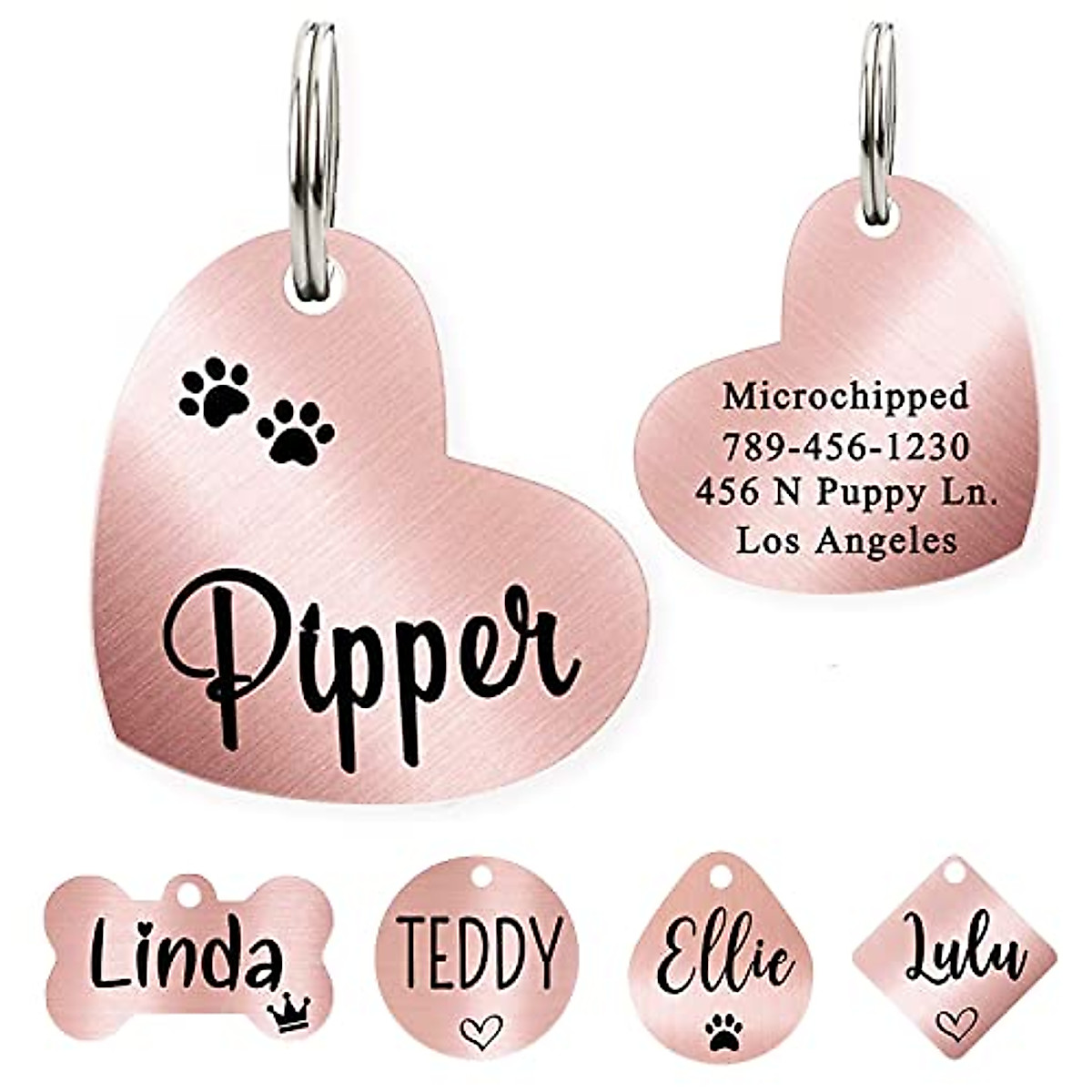 Ultra Joys Dog ID Tag, Custom Dog Tag, Personalized Dog Tag, Dog Tag, Pet ID Tag, Dog Tag for Dogs, Brushed Stainless Steel Heart Dog Tag Rose Gold Small