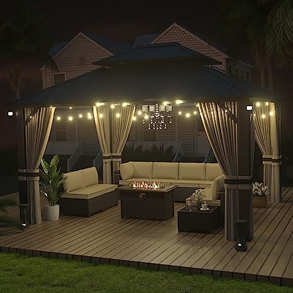 ALAULM 12' x 14' Hardtop Gazebo, Outdoor Patio Aluminum Gazebo with Aluminum Double Roof, Permanent Pavilion w/Curtains and Netting for Backyard, Patio, Deck, Garden-Sand
