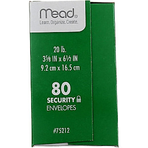 Mead #6-3/4 Envelopes, Security Printed Lining for Privacy, Gummed Closure, All-Purpose 20-lb Paper, 3-5/8" x 6-1/2", White, 80/Box (75212)