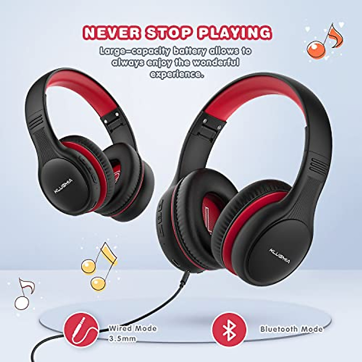 KLUGMIA Kids Bluetooth Headphones, 85/94dB Volume Limited Kids Headphones, Over Ear Toddler Headphones with Built-in Mic, Bluetooth 5.0, Foldable Wireless Headphones for Kids (Black red)