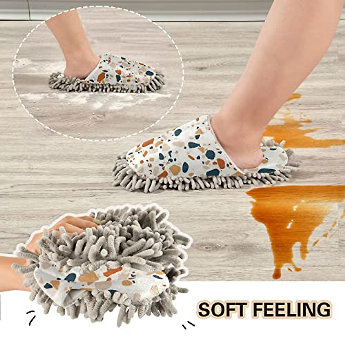 Kigai Microfiber Cleaning Slippers Brown Terrazzo Washable Mop Shoes Slipper for Men/Women House Floor Dust Cleaner, Size M