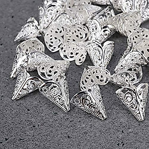 Artibetter 50pcs Metal Flower Filigree Bead Cones Jewelry End Caps Spacer Beads Jewelry Findings Charms for DIY Craft Bracelet Necklace Making 15x16mm (Silver)