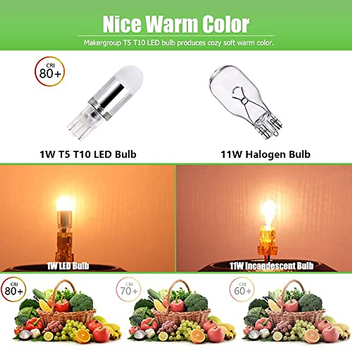 Makergroup T5 T10 Wedge Base LED Light Bulbs 12VAC/DC 1Watt Warm White 2700K-3000K for Outdoor Landscape Lighting Deck Stair Step Path Lights and RV Travel Tailer Lights 6-Pack