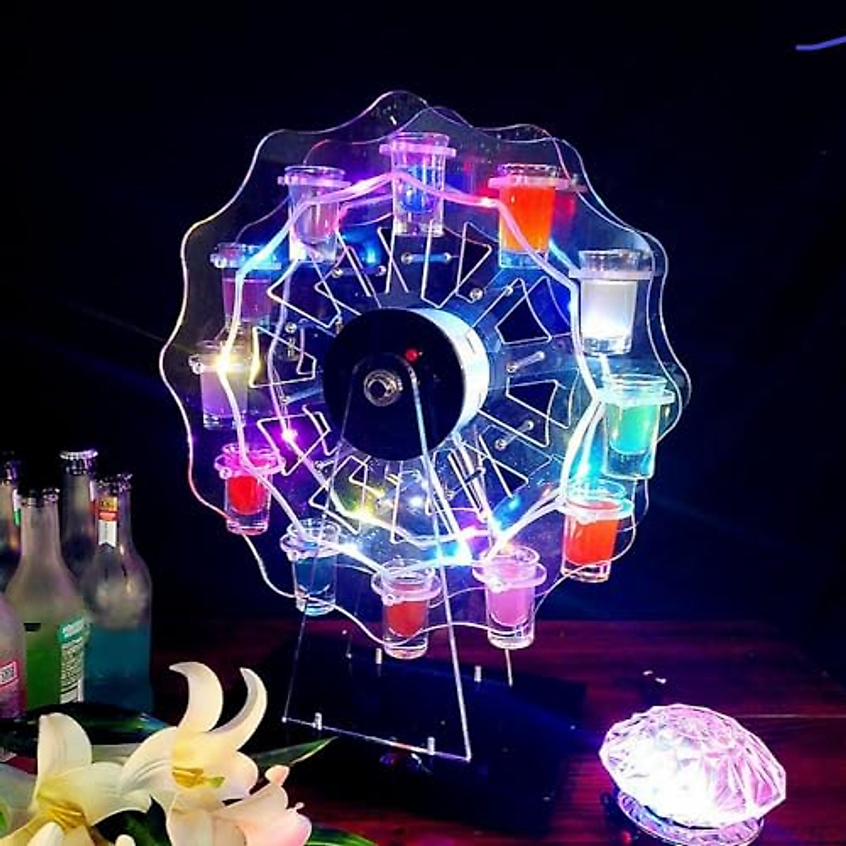 YTCYKJ LED Neon Champagne Wine Acrylic Cup Holder, Ferris Wheel Shape, Rechargeable Cocktail Shelve, Colorful Light,Liquor Bottle Display Rack for Party Club, KTV, Bar,Birthday, Wedding, Anniversary