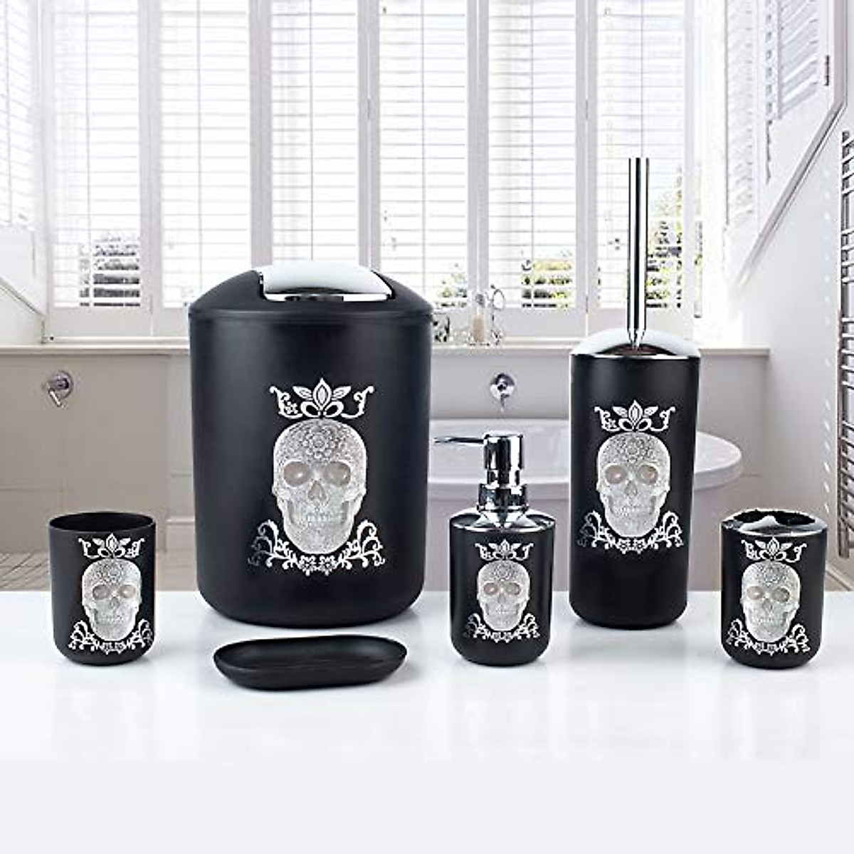 Halloween Bathroom Accessories Set 6 Piece Plastic Bathroom Ensemble Soap Dispenser Toothbrush Holder Tumbler Soap Dish Trash Can Toilet Brush Holder for Decorative Countertop Housewarming Gift(Black)