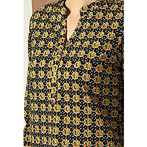 Lagi Women Straight Mandarin Collar 3/4 Sleeves Printed Short Cotton Kurti, Black & Mustard (XS)