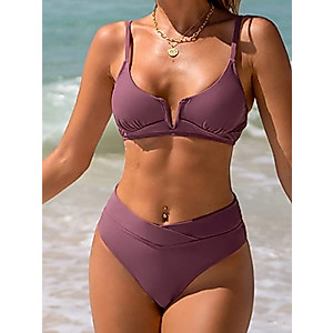 CUPSHE Bikini Set for Women Two Piece Swimsuits V-Wire Bralette High Waisted High Cut Cheeky Bottom S, Purple