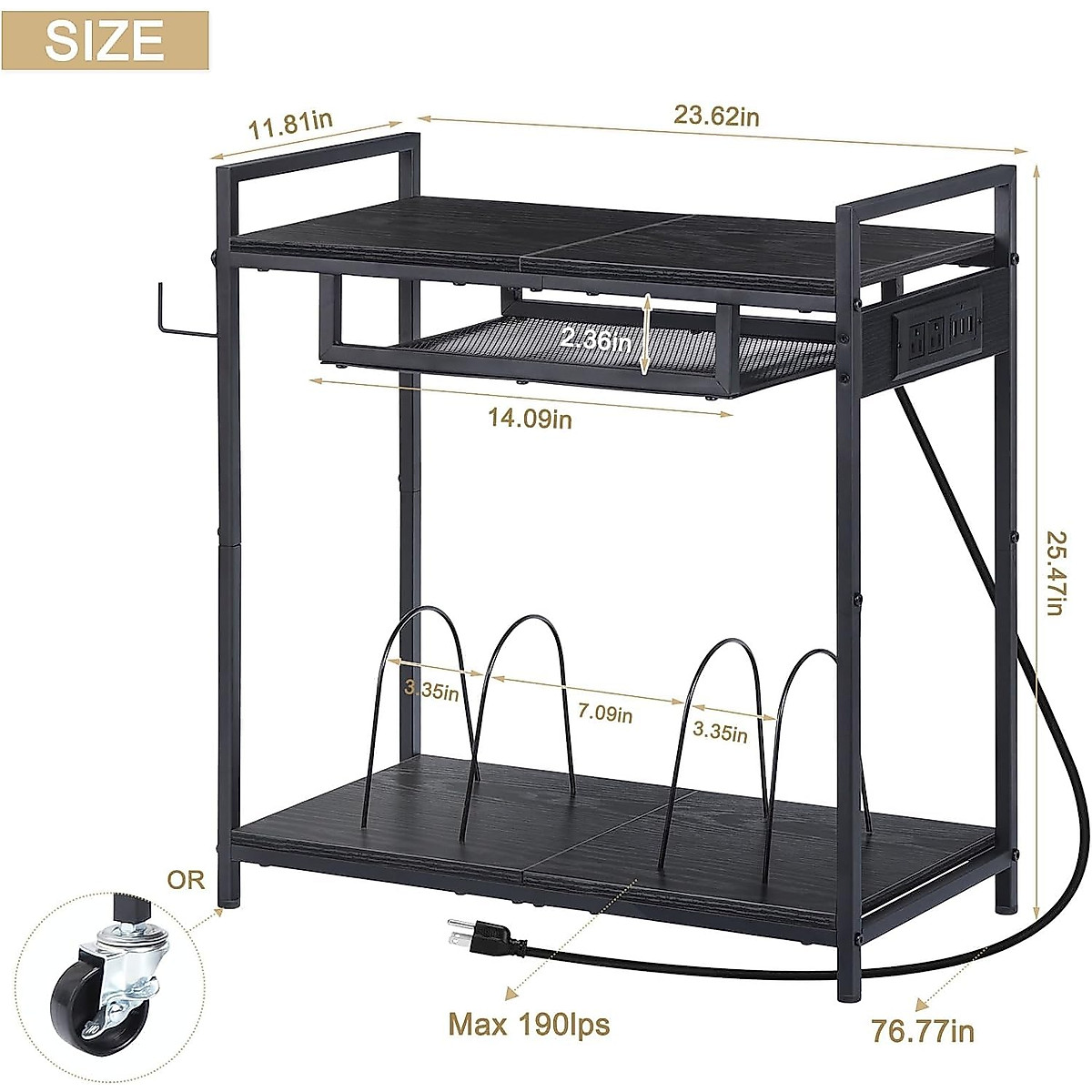 SEHERTIWY Record Player Stand with Vinyl Storage, Black Turntable Stand with Charging Station, Record Player Holder with Detachable Wheels