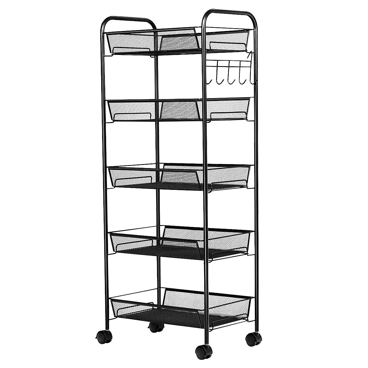Giantex 5-Tier Storage Cart Rolling Trolley Organizer Utility Cart with Lockable Wheels, 5 Hooks, Mesh Shelves for Home Kitchen, Bathroom, Office and Bedroom (Black)
