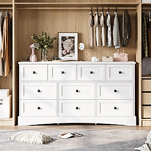 Hasuit White Dresser for Bedroom with 10 Drawers, 55.2" Long Drawer Dresser with Charging Station, Farmhouse Dresser Chest of Drawers, Large Wooden Storage Tower Organizer, Dresser for Bedroom Closet