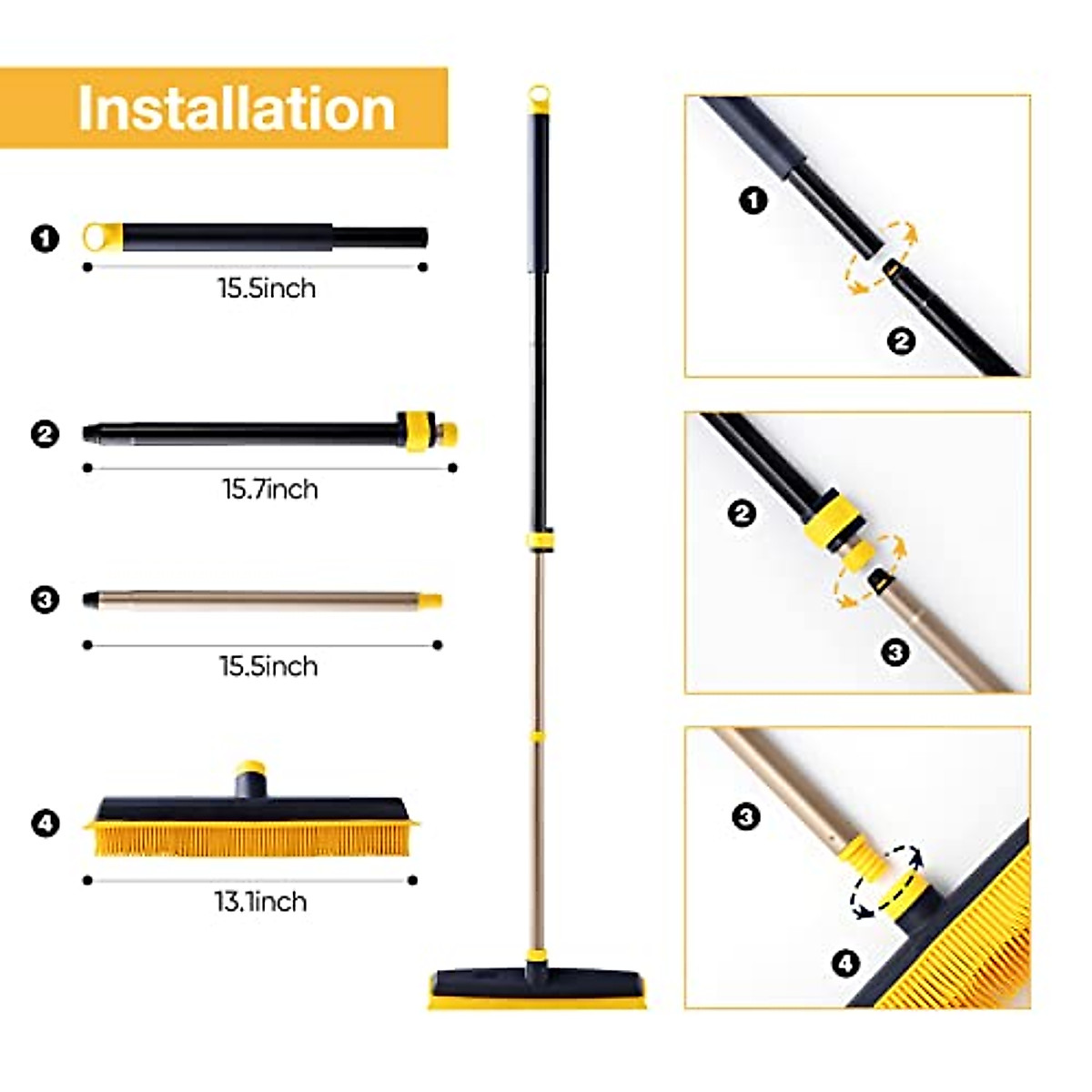 Yocada Pet Hair Removal Rubber Broom with Squeegee 2 in 1 Floor Brush Telescoping for Sweeping Hardwood Floor Tile Low Carpets Rugs Undercoat Carpets Bathroom Living Room Kitchen 53"