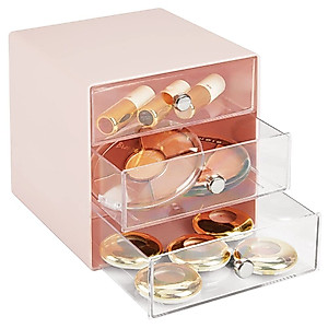 mDesign Plastic 3 Drawer Cosmetic Organizer - Stackable Storage Cube with Pull-Out Drawers for Bathroom Countertop, Vanity, Desk - Makeup Storage Drawers, Lumiere Collection, 2 Pack, Light Pink/Clear
