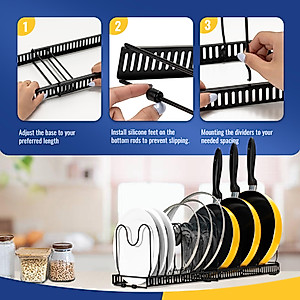 Damita Expandable Pot and Pan Organizer Rack for Cabinet, 2 Pack Pot Lid Holder with 10 Adjustable Compartments - Ideal Kitchen Cabinet Organizer for Cutting Board, Frying Pan, and More (Black)