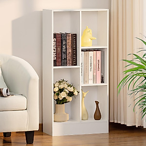 YAHARBO 5 Cube White Bookshelf,Small Modern Horizontal Bookcase,Wood Floor Standing Low Bookshelves Display Storage Cabinet with Base, Short Book Shelf Open Organizer for Bedroom,Living Room,Office