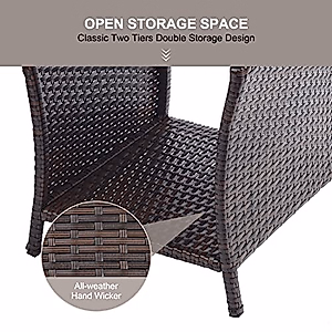 Outdoor Side Table for Patio Small Rattan Wicker Coffee Table Balcony Table Outside End Table with Poly Lumber Table Top & Storage Bistro Table for Garden Pouch Deck Living Room Backyard Brown