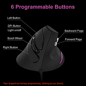 TRELC Vertical Ergonomic Optical Mouse with 6 Programmable Buttons, 800-3200 DPI, Removable Palm Rest, Reduces Wrist Pain, RGB Vertical Mice Wired for PC, Desktop, Laptop (Wired)
