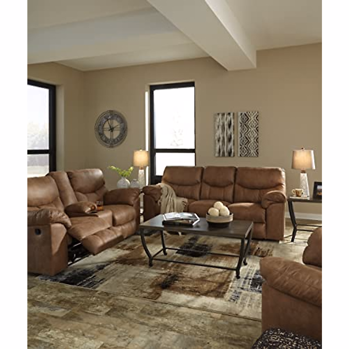 Signature Design by Ashley Boxberg Oversized Faux Leather Manual Double Reclining Loveseat with Center Console, Brown