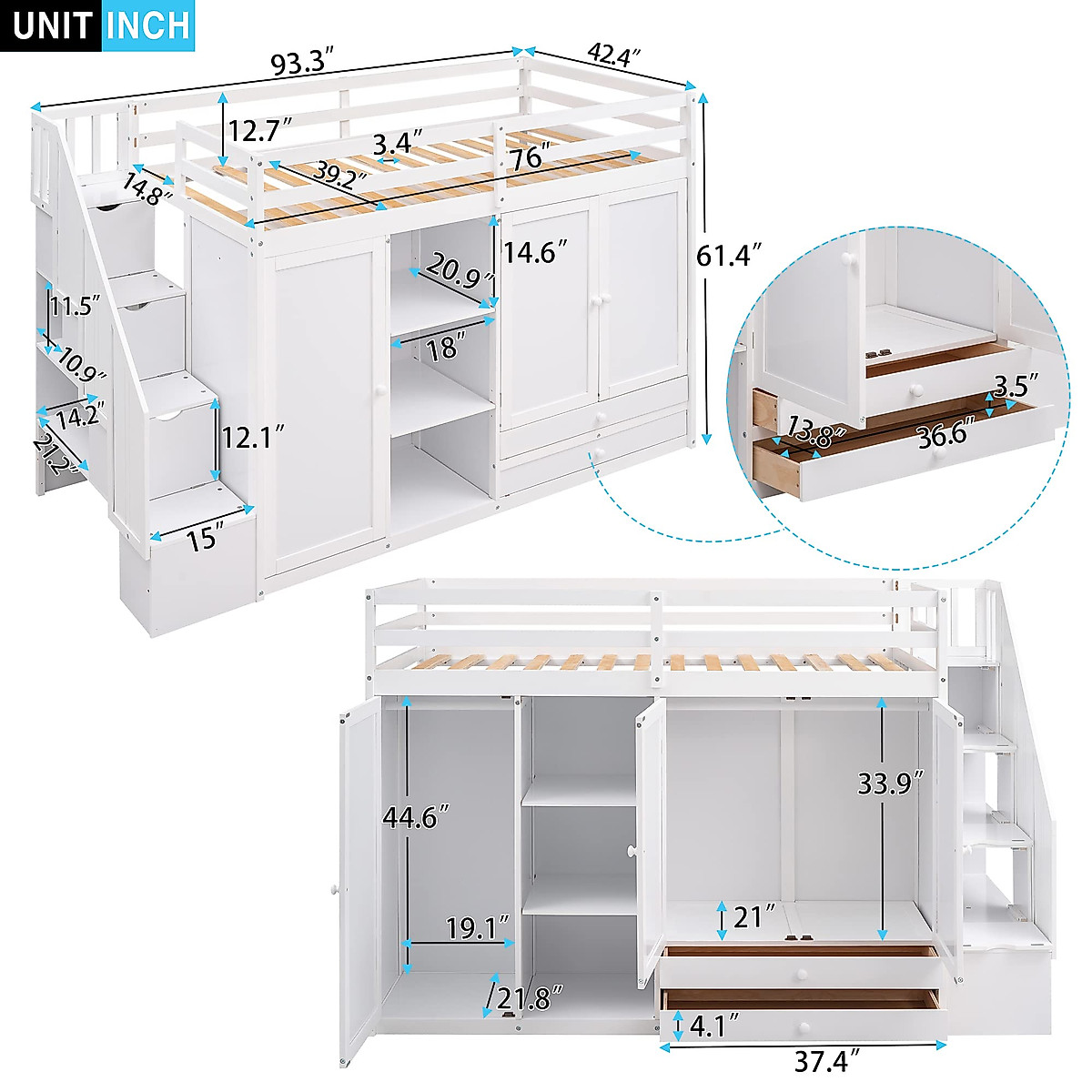 BIADNBZ Functional Twin Size Loft Bed with 3 Shelves, 2 Wardrobes and 2 Drawers,Wooden Bedframe with Storage Stairs for Teens/Bedroom,White