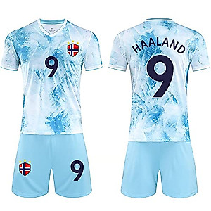 Casmyd Kids Youth HAA’landd Jersey+Soccer Shorts for Boys #9 Halland Norway Football Sports Team Ice Graphic T-Shirt Kit Blue