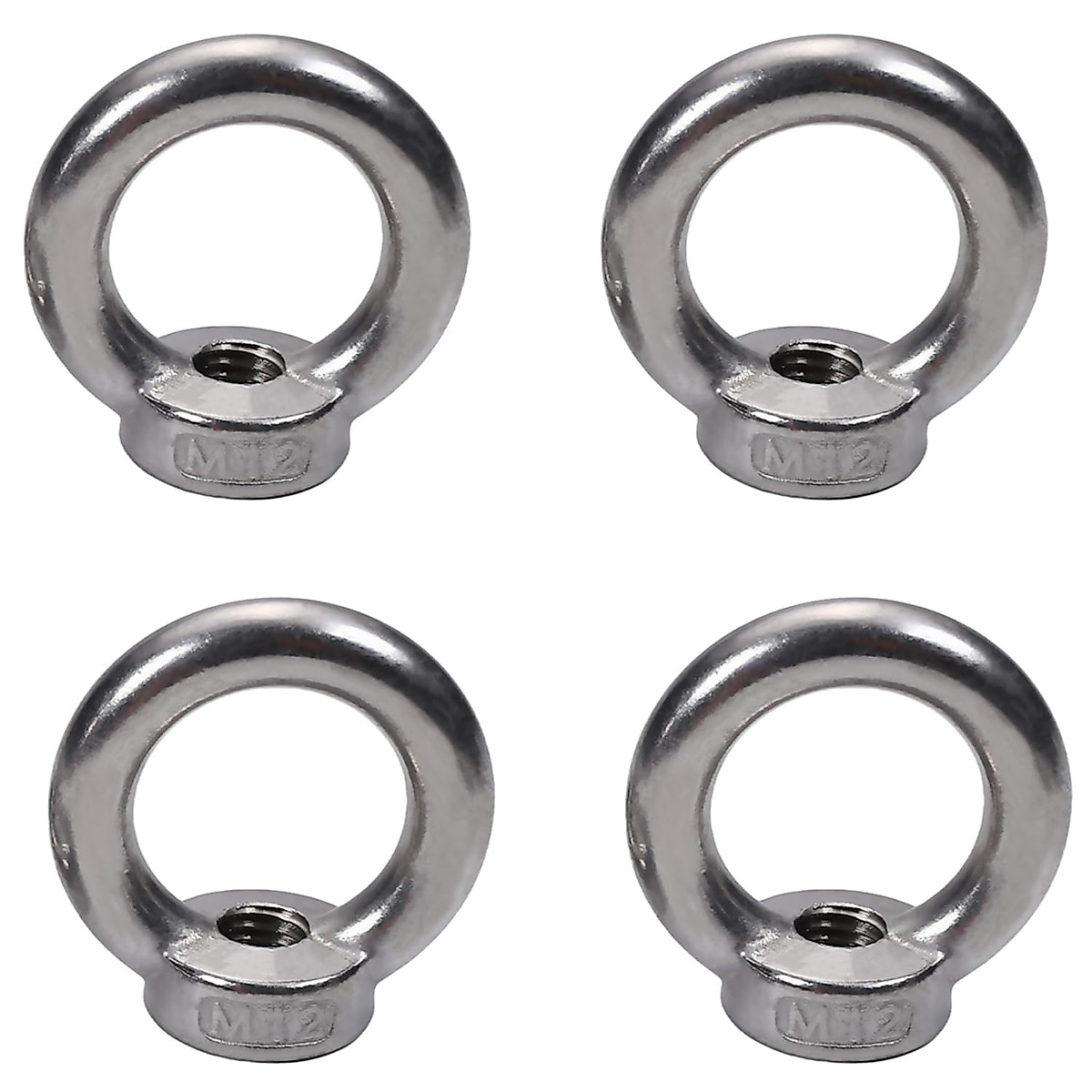 Aicosineg 4Pcs 304 Stainless Steel Eyebolts M12 Female Thread Ring Shoulder Metric EyeNuts Fastener Round Shape Lifting Eye Nut Fastener for Industrial Cables Rope Fitting Marine Silver Tone