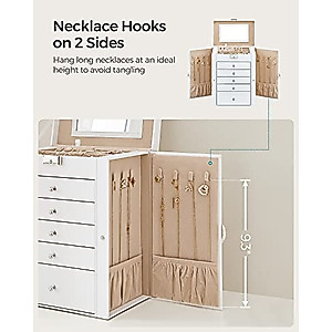 SONGMICS 6 Tier Jewelry Box, Jewelry Case with 5 Drawers, Large Storage Capacity, with Mirror, Lockable, Jewelry Storage Organizer, Gift for Loved Ones, For Watches, White UJBC152W01