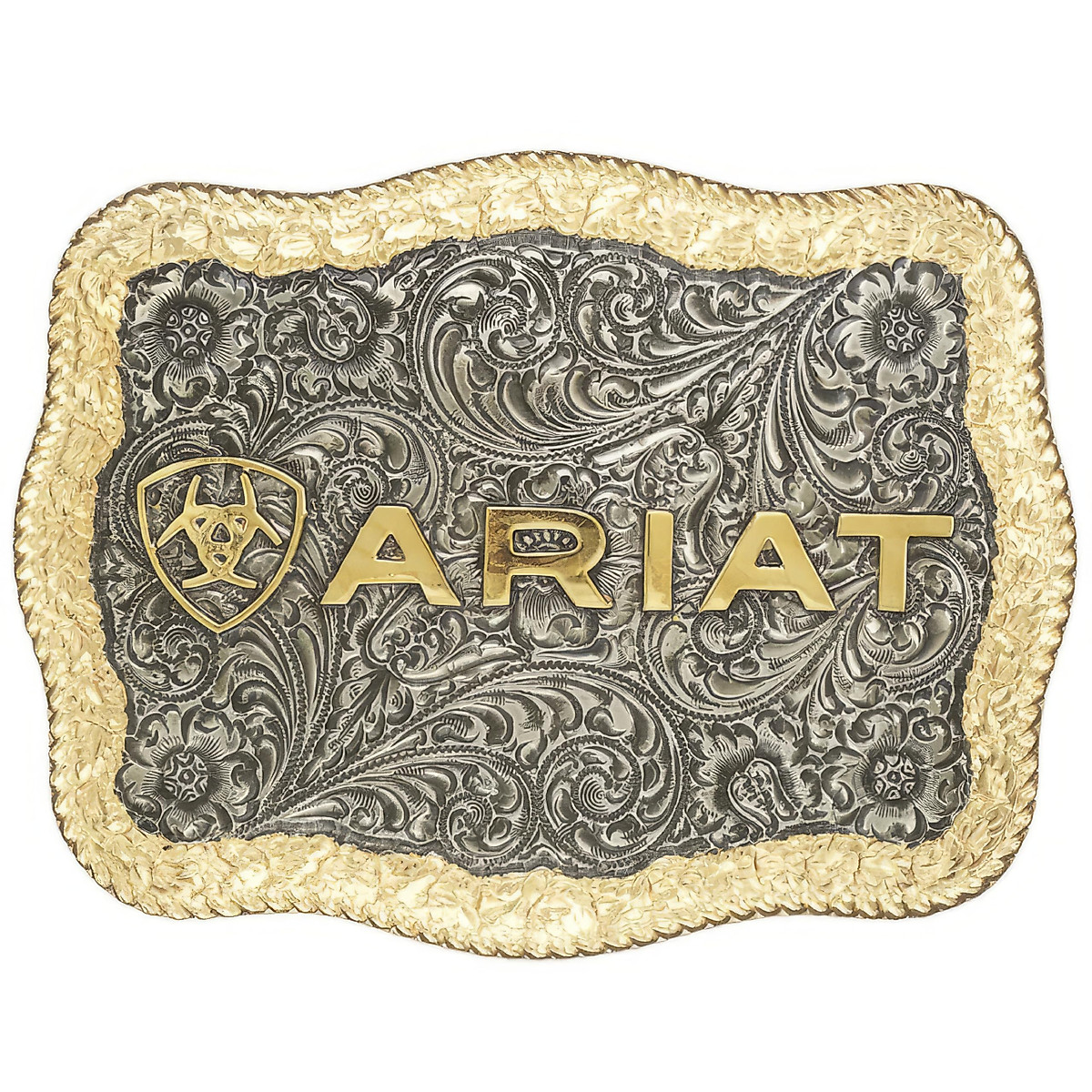 ARIAT Rectangle Buckle, Antique Silver and Gold Finish, Word and Shield Logo, 4-1/2" x 3-1/2"