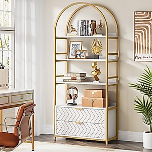 Tribesigns 4-Tier Bookshelf with 2 Drawers, 74.80”H Tall Bookcase 4 Display Shelf Small Place, Free Standing Multipurpose Storage Rack Etagere Book Shelves Tower, Home Office, White, Gold