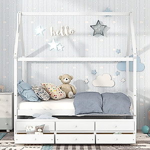 Harper & Bright Designs Full House Bed with Trundle and 3 Storage Drawers, Full Captain's Beds Wooden Storage Daybed Frame for Kids Teens Boys Girls (Full Size, White)