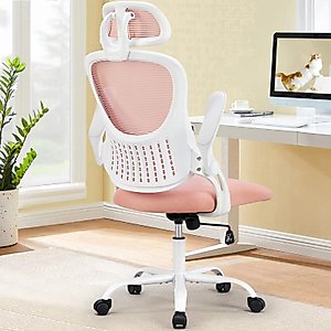 Sweetcrispy Office Computer Desk Chair, Ergonomic High-Back Mesh Rolling Work Chairs with Wheels and Adjustable Headrests, Comfortable Lumbar Support, Comfy Flip-up Arms for Home,Bedroom,Study, Pink
