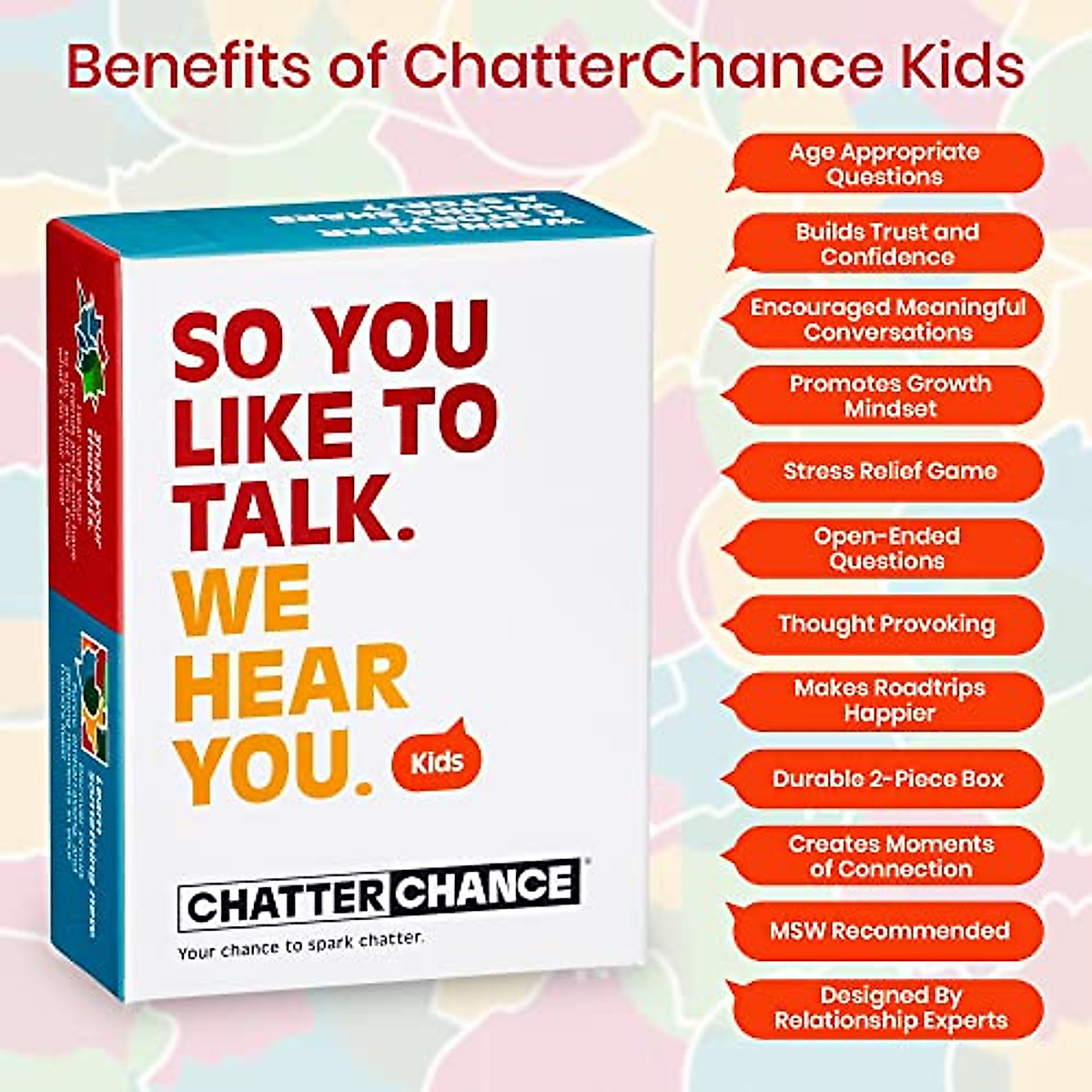 ChatterChance Kids: Conversation Card Game Gift for Family Fun Activities or Car Travel Road Trip Games for Children - 80 Thought Provoking Question Deck of Cards Learning Social Skills Therapy