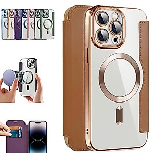 OSEVIO Transmitg Luxury Leather Flip Magnetic Phone Case with Card Holder, Transmitg Magnetic Leather Wallet Card Flip Transparent Case for iPhone 15 14 13 12 11 Pro Max (for iPhone 14 Pro,Brown)