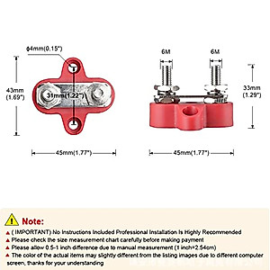 Power Distribution Terminal Block 1/4in Power Stud Battery Junction Block Post Distribution Block Insulated with Cover DC 48V 80A M6 Positive Negative 2 Studs Battery Junction Block
