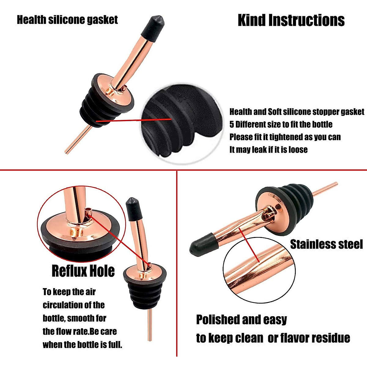 JIAYOUXILE Bottle Pourers - 10 Pcs Stainless Steel Wine Liquor Bottle Pourer Spout with Covers,Liquor Pourers Tapered Spout，for Oil, Wine, Vinegar and Liquid （Rose Gold+Dust Caps)