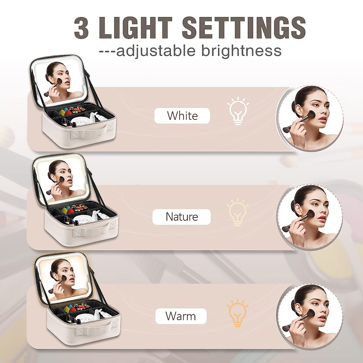 AZ GOGO Travel Makeup Bag with Light up Mirror, Makeup Train Case with Lighted Mirror 3 Color Brightness, Waterproof Portable Cosmetic Bag Organizer (Creamy White)