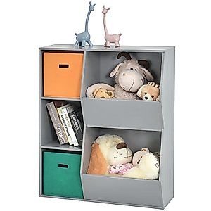 GLOBALWAY 5-Cube Kids Toy Storage Cabinet, Freestanding Children Bookcase w/ 2 Foldable Storage Bins, Open Multi-purpose Storage Display Organizer for Kids Room, Play Room, Hallway, Nursery