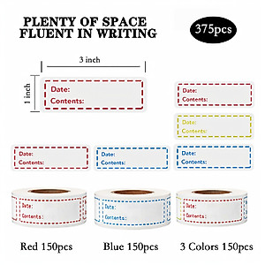 Removable Food Freezer Labels, 375pcs 1 x 3 inch Self-Adhesive Food Storage Stickers, Easy Clean Refrigerator Freezer Paper Label ,4 Colors Food Labels 3 Rolls