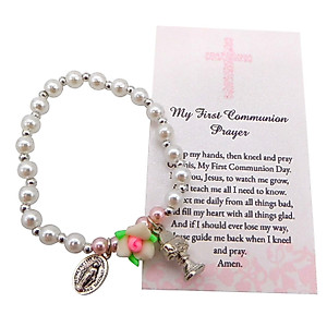 First Communion Rosary Bracelet Rose Stretch Wrist Fashion for Girls with Holy Prayer Card and Bag Gift Set