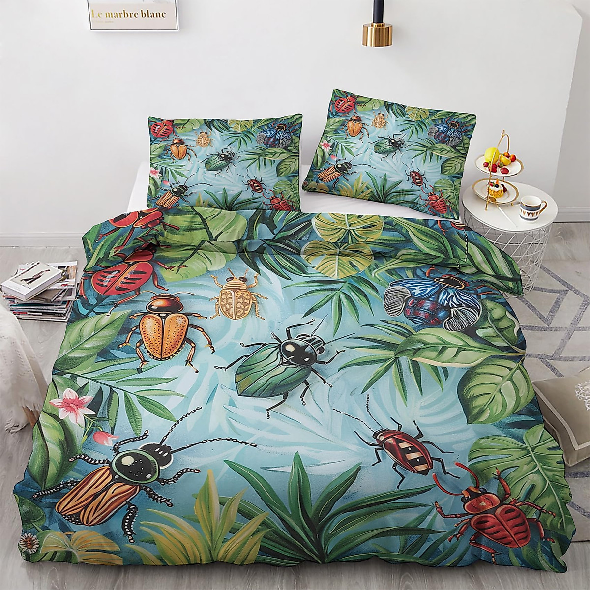 Zpryzmia Entomology Duvet Cover Set, Olive Green Duvet Cover with Nature Animal Pattern Comforter Cover 3 Pieces, with Zipper Closure & Corner Ties(Twin 68”x90”)