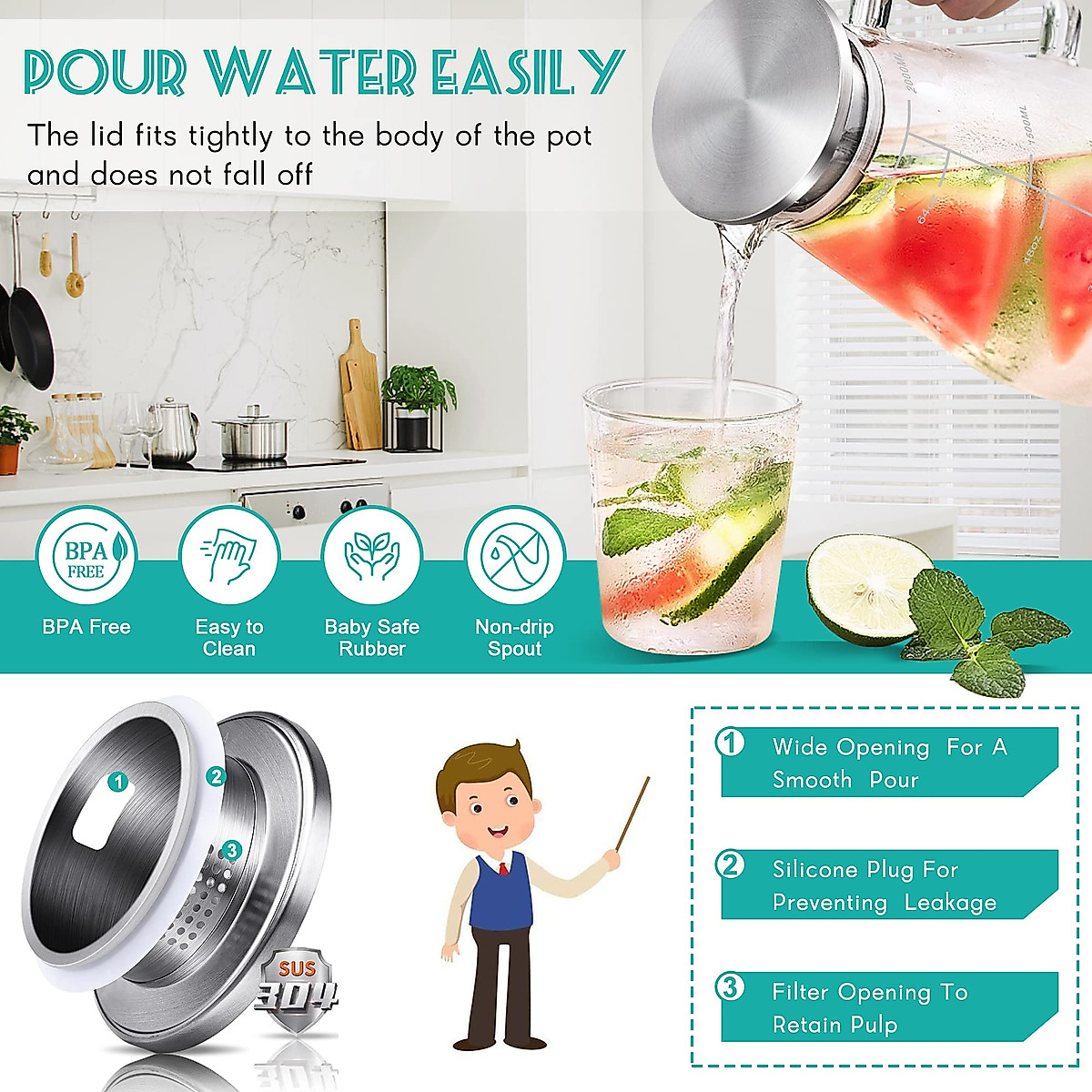 HIHUOS Glass Pitcher with Lid : 68oz Water Pitcher with Precise Scale Line, Easy Clean Heat Resistant Iced Tea Pitcher, Borosilicate Glass Carafe for Juice, Milk, Beverages, Mimosa Bar