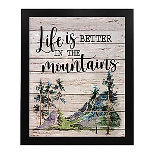 Life Is Better in the Mountains - Unframed 11x14” Rustic Outdoor Wall Art, Wood Landscape Print for Camping Cabin, Farmhouse, Lake House, and Apartment Decor